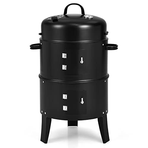 Happygrill Charcoal Grill BBQ Grill Cambo, 3-in-1 Portable Vertical Charcoal Smoker with Built-in Thermometer & Adjustable Vent System, 2-Layer Separable Charcoal Grills for Camping & Family Cooking