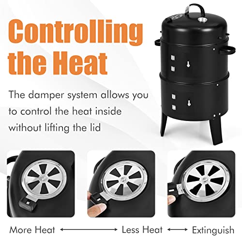 Happygrill Charcoal Grill BBQ Grill Cambo, 3-in-1 Portable Vertical Charcoal Smoker with Built-in Thermometer & Adjustable Vent System, 2-Layer Separable Charcoal Grills for Camping & Family Cooking