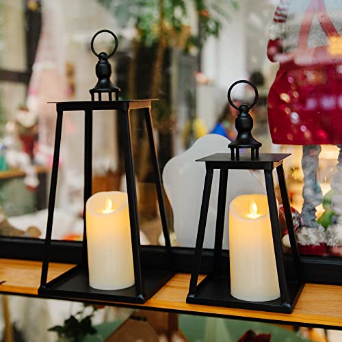 HPC Decor 16inch Lantern Decorative w/Flickering LED Candles- Decorative Outdoor Lantern- Chunky Black Metal Candle Lantern- Vintage Lantern Decor for Indoor, Outdoor, Patio, Porch (No Glass)