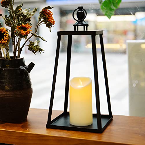 HPC Decor 16inch Lantern Decorative w/Flickering LED Candles- Decorative Outdoor Lantern- Chunky Black Metal Candle Lantern- Vintage Lantern Decor for Indoor, Outdoor, Patio, Porch (No Glass)