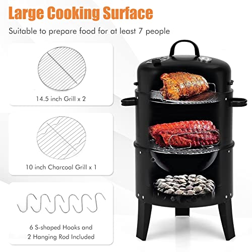 Happygrill Charcoal Grill BBQ Grill Cambo, 3-in-1 Portable Vertical Charcoal Smoker with Built-in Thermometer & Adjustable Vent System, 2-Layer Separable Charcoal Grills for Camping & Family Cooking