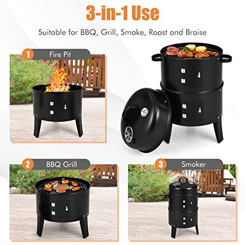 Happygrill Charcoal Grill BBQ Grill Cambo, 3-in-1 Portable Vertical Charcoal Smoker with Built-in Thermometer & Adjustable Vent System, 2-Layer Separable Charcoal Grills for Camping & Family Cooking