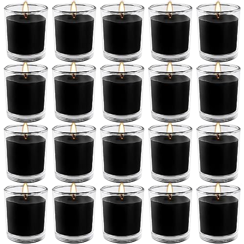 20 Pack Black Votive Candles in Clear Glass-Unscented Soy Wax Candles for Halloween Birthdays Wedding Dinner-Lasting Burn for 15 Hours