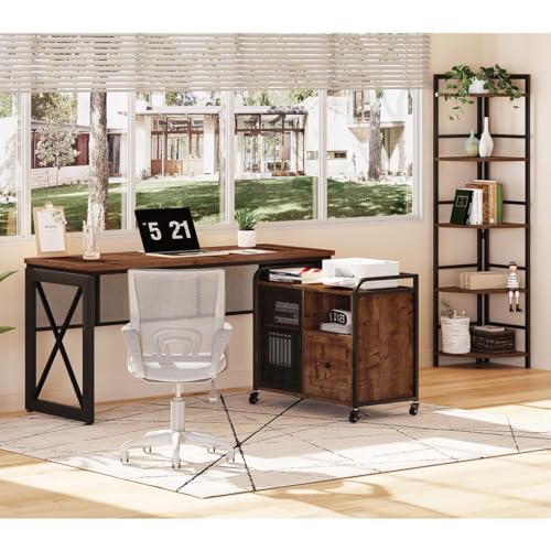 BON AUGURE Filing Cabinet for Home Office, Rolling Lateral File Cabinet with Storage, Wood Metal Printer Stand with Drawer Under Desk (Rustic Oak)
