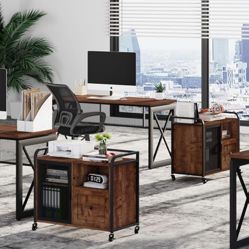 BON AUGURE Filing Cabinet for Home Office, Rolling Lateral File Cabinet with Storage, Wood Metal Printer Stand with Drawer Under Desk (Rustic Oak)