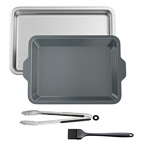 Food Prep BBQ Tray, 4-piece Grill Prep Trays Include a Silicone Marinade Container for Marinating Meat & a Stainless Steel Serving Platter for all your Grilled Barbecue, Heavy Duty & Easy Clean, Grilling Gifts for Men