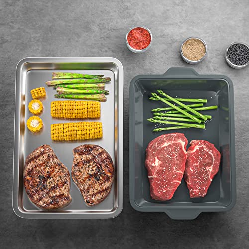 Food Prep BBQ Tray, 4-piece Grill Prep Trays Include a Silicone Marinade Container for Marinating Meat & a Stainless Steel Serving Platter for all your Grilled Barbecue, Heavy Duty & Easy Clean, Grilling Gifts for Men