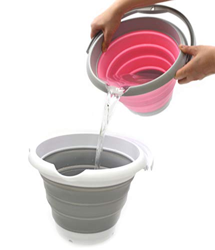 SAMMART 5L / 1.32 Gallon Collapsible Plastic Bucket - Foldable Round Tub - Portable Fishing Water Pail - Space Saving Outdoor Waterpot (5L Round, Grey/Pink)