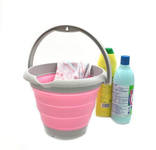 SAMMART 5L / 1.32 Gallon Collapsible Plastic Bucket - Foldable Round Tub - Portable Fishing Water Pail - Space Saving Outdoor Waterpot (5L Round, Grey/Pink)