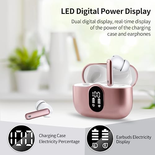 HISOOS Wireless Earbuds Bluetooth Headphones LED Power Display Earphones ANC Ear Buds with Charging Case Bluetooth 5.3 Hi-Fi Stereo for iPhone/Android,Valentine's Day Birthday Gifts (Rose Gold)