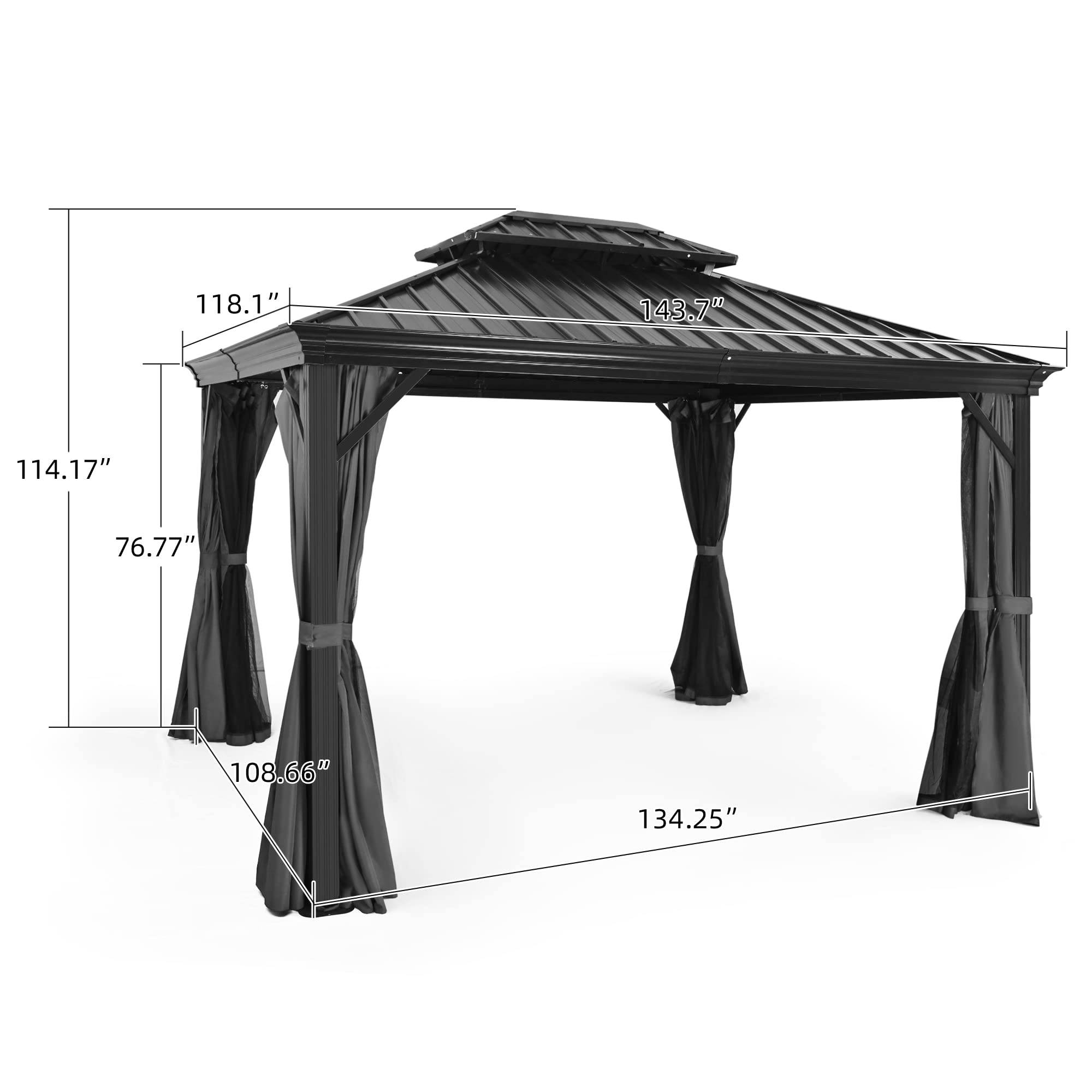 BACKYADOOR 10x12 Hardtop Gazebo, Hardtop Gazebo with Mosquito Netting and Curtains, Hard Top Metal Gazebo for Backyard, Deck, Poolside (Gray)