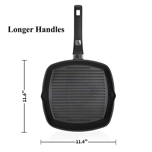 Moss & Stone Griddle Aluminum Nonstick Stove Top Square Grill Pan,Chef Quality Perfect for Meats Steak Fish And Vegetables,Dishwasher Safe,11 inch, Black (Comes With a Special Cloth And Gloves)