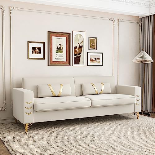 Tomkate 85.63" Modern Sofas for Living Room, Velvet Chesterfield Sofa with Two Lumbar Pillows and Gold Metal Legs, Luxury 3 Seater Sofa Couches for Living Room, Bedroom (Beige)