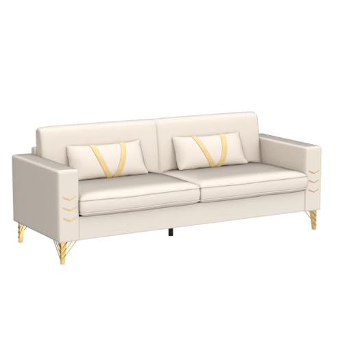Tomkate 85.63" Modern Sofas for Living Room, Velvet Chesterfield Sofa with Two Lumbar Pillows and Gold Metal Legs, Luxury 3 Seater Sofa Couches for Living Room, Bedroom (Beige)