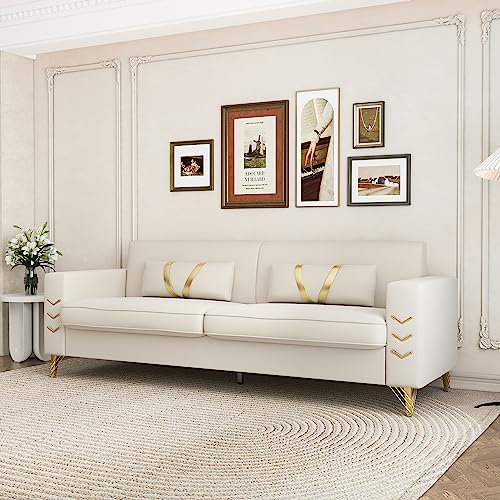 Tomkate 85.63" Modern Sofas for Living Room, Velvet Chesterfield Sofa with Two Lumbar Pillows and Gold Metal Legs, Luxury 3 Seater Sofa Couches for Living Room, Bedroom (Beige)