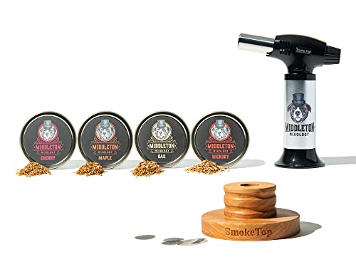 SmokeTop Cocktail Smoker Kit and Torch with Cherry, Hickory, Maple, and Oak Wood Chips - Cocktail Smoker Kit & Chips for Old Fashioned Cocktails, Whiskey, & Bourbon - by Middleton Mixology