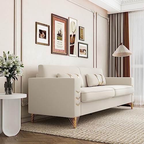 Tomkate 85.63" Modern Sofas for Living Room, Velvet Chesterfield Sofa with Two Lumbar Pillows and Gold Metal Legs, Luxury 3 Seater Sofa Couches for Living Room, Bedroom (Beige)