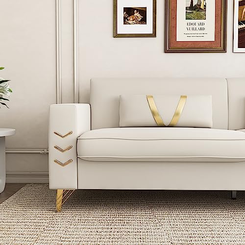 Tomkate 85.63" Modern Sofas for Living Room, Velvet Chesterfield Sofa with Two Lumbar Pillows and Gold Metal Legs, Luxury 3 Seater Sofa Couches for Living Room, Bedroom (Beige)