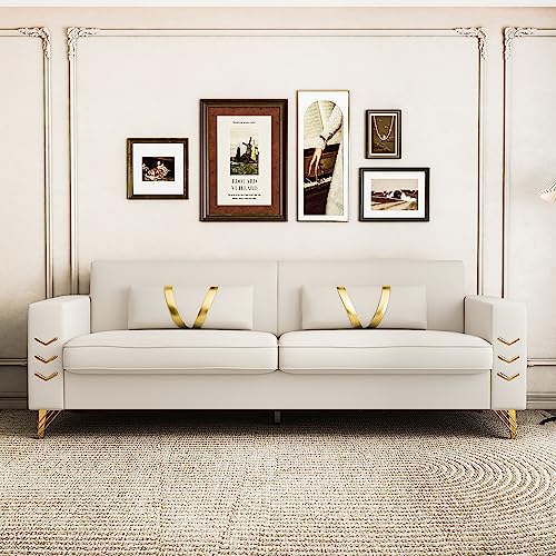 Tomkate 85.63" Modern Sofas for Living Room, Velvet Chesterfield Sofa with Two Lumbar Pillows and Gold Metal Legs, Luxury 3 Seater Sofa Couches for Living Room, Bedroom (Beige)