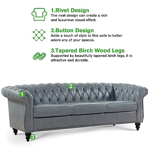 Gray 3 Seat Sofa, Retro Chesterfield Sofa Couch with Rolled Arms, 84.65" PU Leather Three Seater Sofa Couch for Living Room Bedroom Office