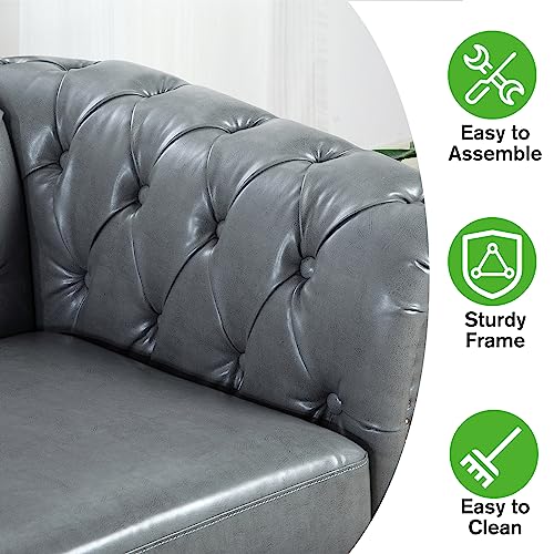 Gray 3 Seat Sofa, Retro Chesterfield Sofa Couch with Rolled Arms, 84.65" PU Leather Three Seater Sofa Couch for Living Room Bedroom Office