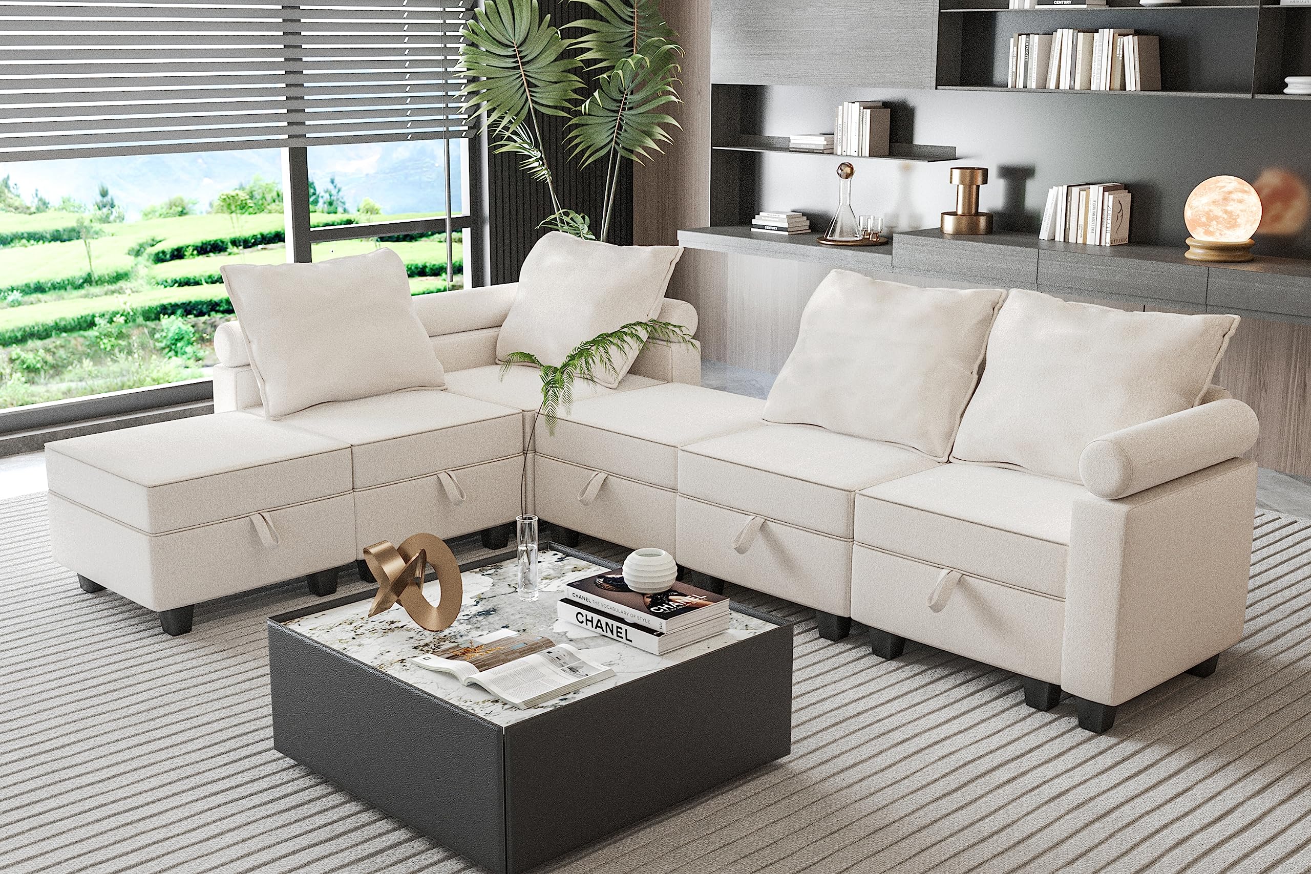 Tbfit Modular Sectional Sofa with Storage Ottoman, Convertible Oversized U Shaped Couch with Reversible Chaises, Sleeper Sofa with Adjustable Arm for Living Room, Beige