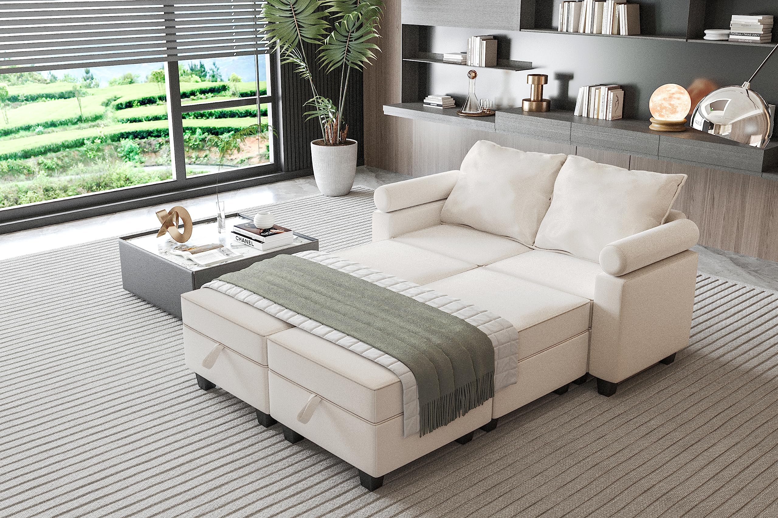 Tbfit Modular Sectional Sofa with Storage Ottoman, Convertible Oversized U Shaped Couch with Reversible Chaises, Sleeper Sofa with Adjustable Arm for Living Room, Beige