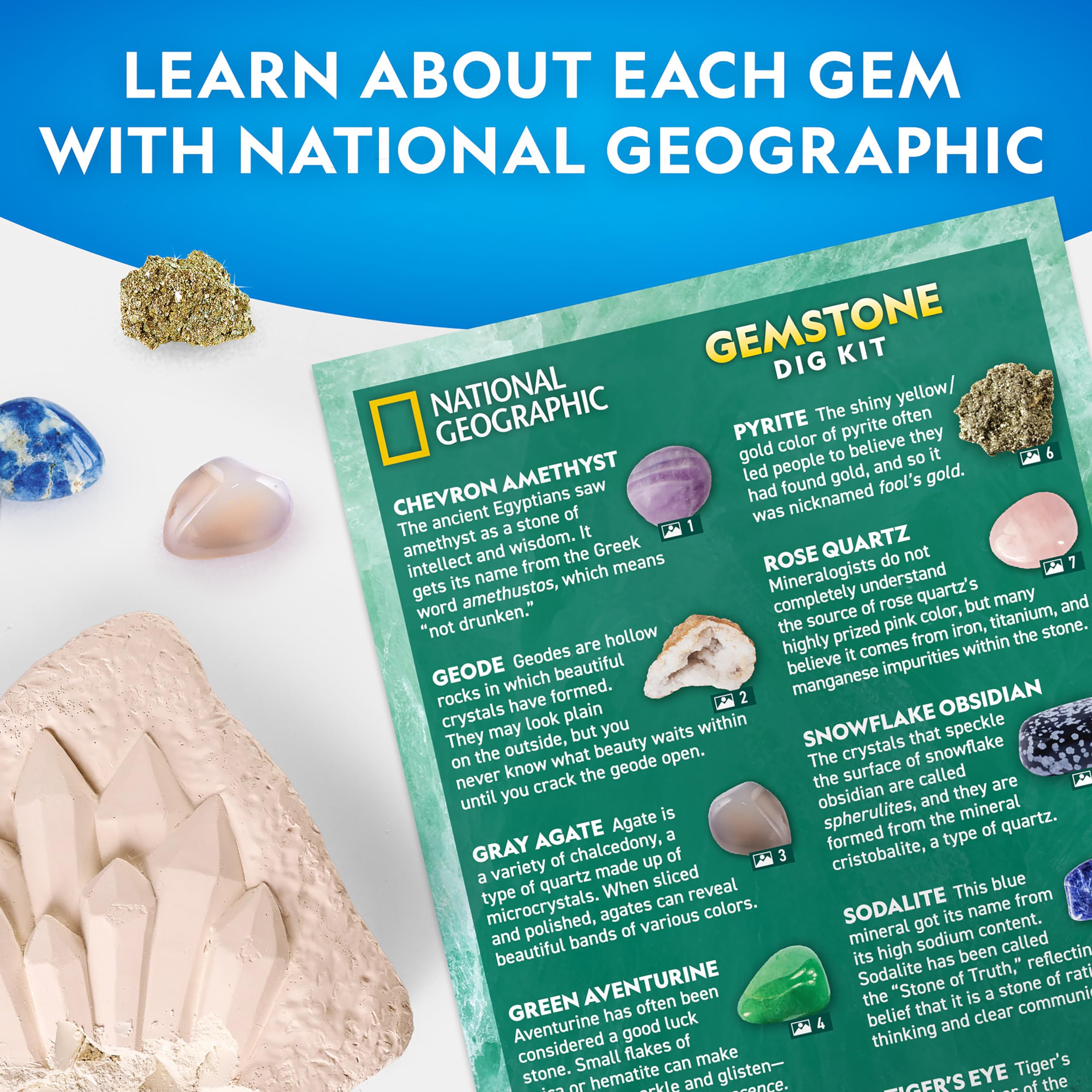 NATIONAL GEOGRAPHIC Gemstone Dig Kit β Dig Up 10 Real Gemstones and Crystals, Science Kit for Kids, Gem Digging Kit, Gift for Girls and Boys, Mining Kit, Rock Collection