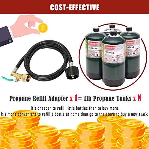 ATKKE Propane Refill Adapter Hose for 1 lb. Tanks, 48'' Propane Gas Extension Hose Fill 1lb Bottles from 20lb Tank, On/Off Shutoff Control Valve (QCC1 Type1 Inlet),4 Feet