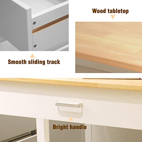 Unovivy Kitchen Island on Wheels, 3 Tier Kitchen Cart with Storage Drawer, 2 Shelves & Towel Rack, Rolling Kitchen Island with Wood Tabletop, Simple Design Mobile Island Table for Kitchen, White