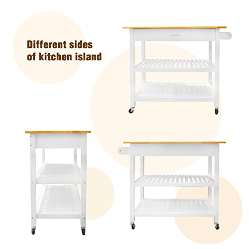 Unovivy Kitchen Island on Wheels, 3 Tier Kitchen Cart with Storage Drawer, 2 Shelves & Towel Rack, Rolling Kitchen Island with Wood Tabletop, Simple Design Mobile Island Table for Kitchen, White