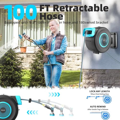 1/2"*100+5ft Garden Hose Reel Sheboren Automatic Retractable Hose Reel with Any Length Lock Wall Mount Watering Hose Reel 180°Swivel Bracket