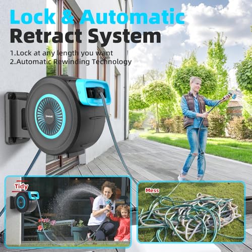 1/2"*100+5ft Garden Hose Reel Sheboren Automatic Retractable Hose Reel with Any Length Lock Wall Mount Watering Hose Reel 180°Swivel Bracket
