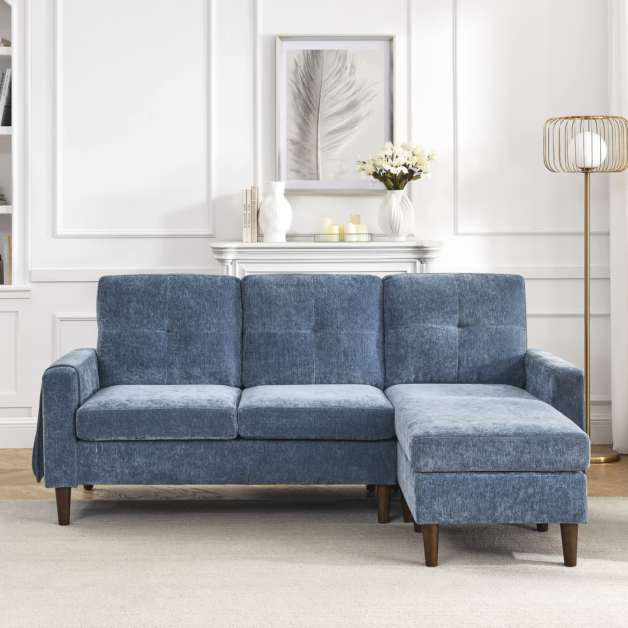 LCH 80” Convertible Sectional Couch, Practical 3 Seats L-Shape Sofa with Removable Cushions and Pocket, Rubber Wood Legs, Suitable for Apartment,Living Room and Office,Navy Chenille