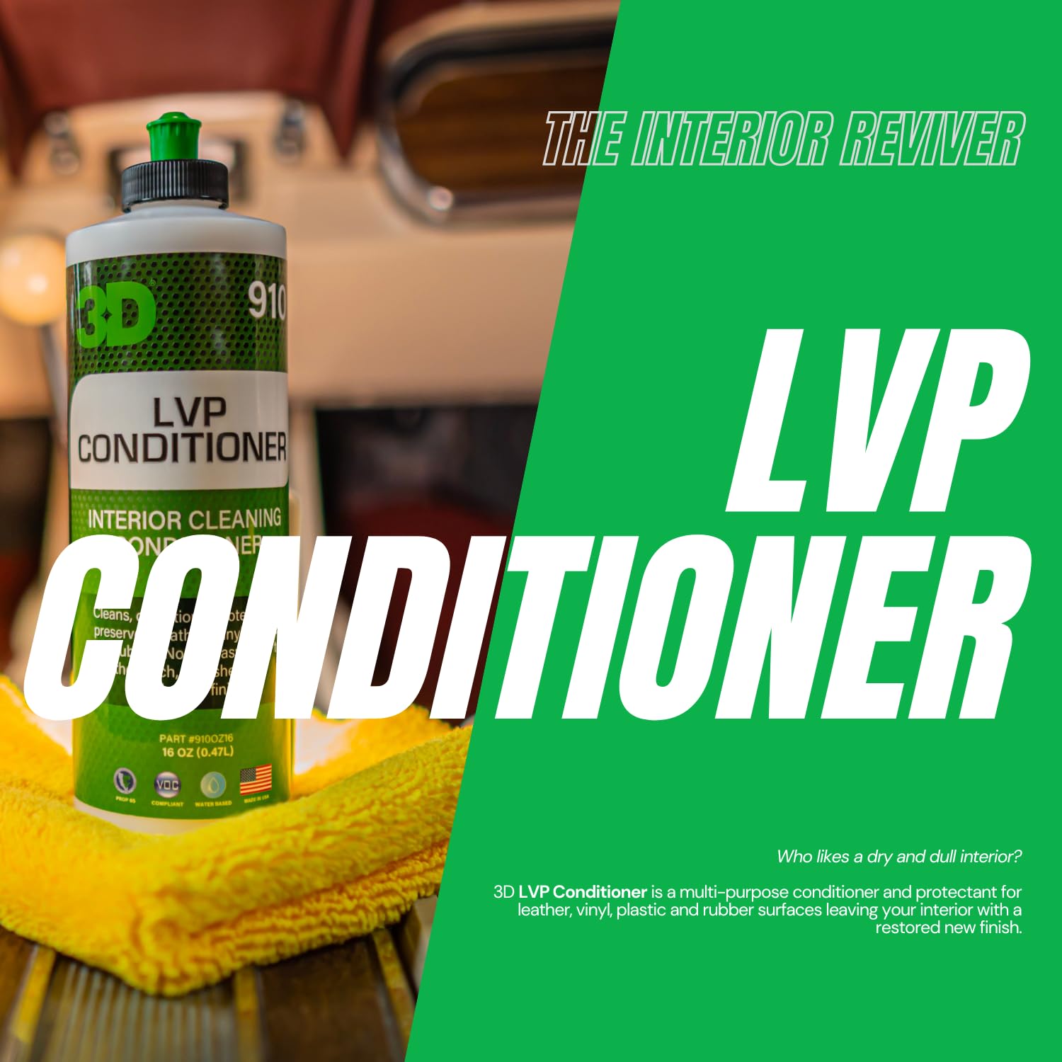 3D Leather, Vinyl & Plastic Conditioner - Restores, Conditions & Protects for Extended Life & Appearance - Great for Seats, Steering Wheels, Door Panels - Car, Office, Home Use 16oz.