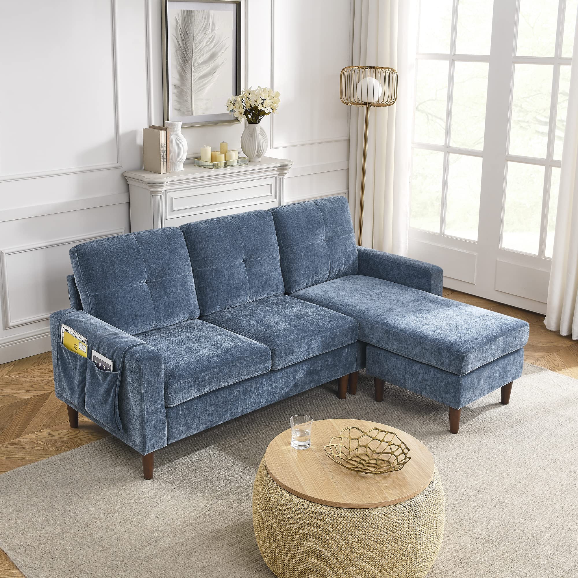 LCH 80” Convertible Sectional Couch, Practical 3 Seats L-Shape Sofa with Removable Cushions and Pocket, Rubber Wood Legs, Suitable for Apartment,Living Room and Office,Navy Chenille