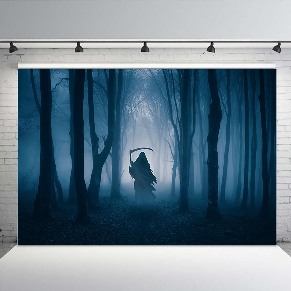 MEHOFOND 7x5ft Scary Halloween Backdrop Misty Dark Forest Horrible Halloween Gloomy Woods Trees Scythe of Death Photography Background Horrible Cemetery Spooky Party Decoration Photo Booth Props