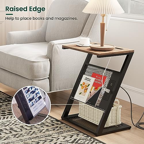 Yifeel End Table Set of 2 with Charging Station, Side Table with Storage Shelf, Bedside Table, Nightstand for Small Spaces, Living Room, Bedroom, Rustic Brown and Black JET002CSR2