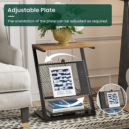 Yifeel End Table Set of 2 with Charging Station, Side Table with Storage Shelf, Bedside Table, Nightstand for Small Spaces, Living Room, Bedroom, Rustic Brown and Black JET002CSR2