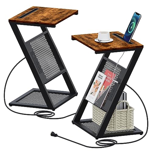 Yifeel End Table Set of 2 with Charging Station, Side Table with Storage Shelf, Bedside Table, Nightstand for Small Spaces, Living Room, Bedroom, Rustic Brown and Black JET002CSR2