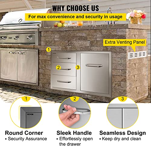 Mophorn Outdoor Kitchen Door Drawer Combo 29.5" W x 22.6" H x 21.7''D, Access Door/Triple Drawers with Propane Drawer and Adjustable Garbage Ring, Perfect for BBQ Island Patio Grill Station