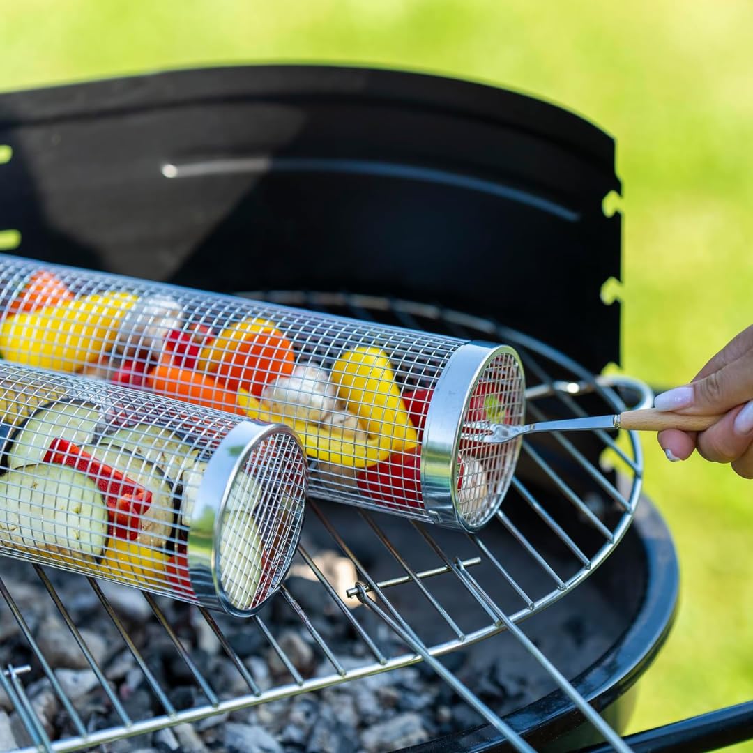 Set of 2 Stainless Steel Rolling Grill Baskets for Outdoor BBQ | Large Mesh Barbecue Cylinder Cages for Vegetables, Fish, and Meats | Camping and Backyard BBQ Accessories | Perfect Gift for Dad, Husband, or Best Friend