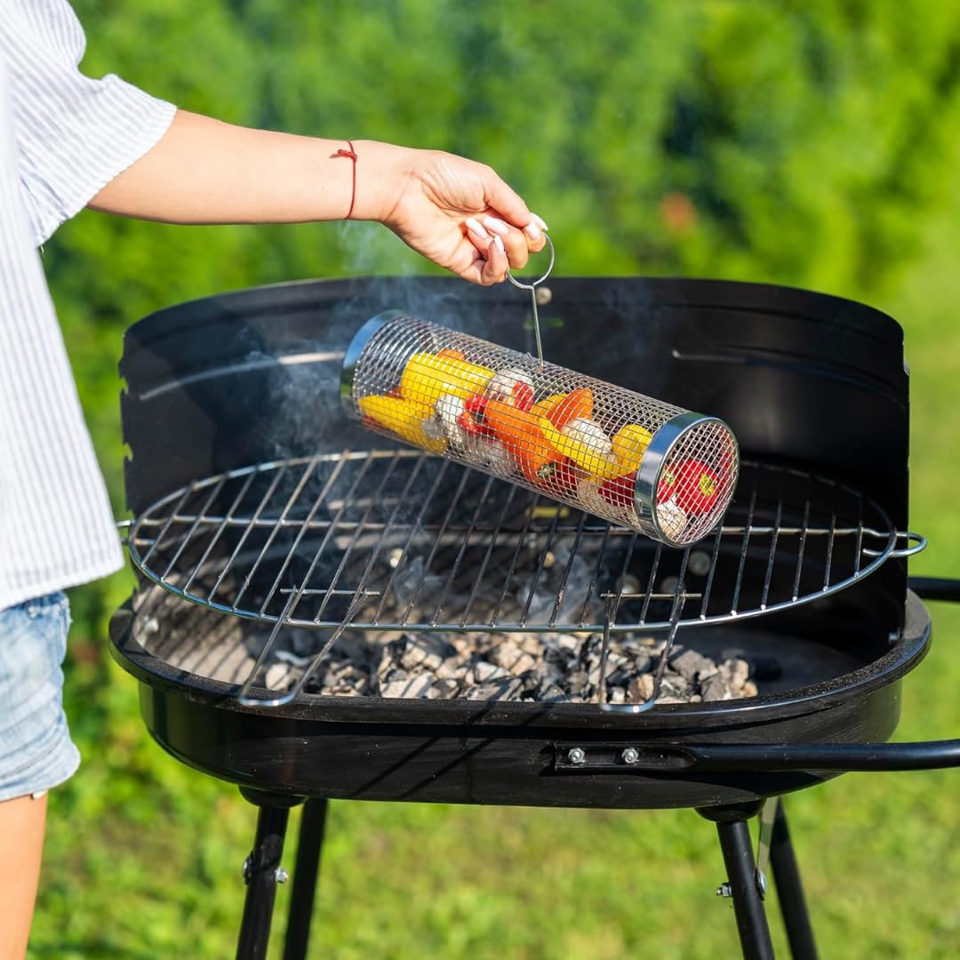 Set of 2 Stainless Steel Rolling Grill Baskets for Outdoor BBQ | Large Mesh Barbecue Cylinder Cages for Vegetables, Fish, and Meats | Camping and Backyard BBQ Accessories | Perfect Gift for Dad, Husband, or Best Friend