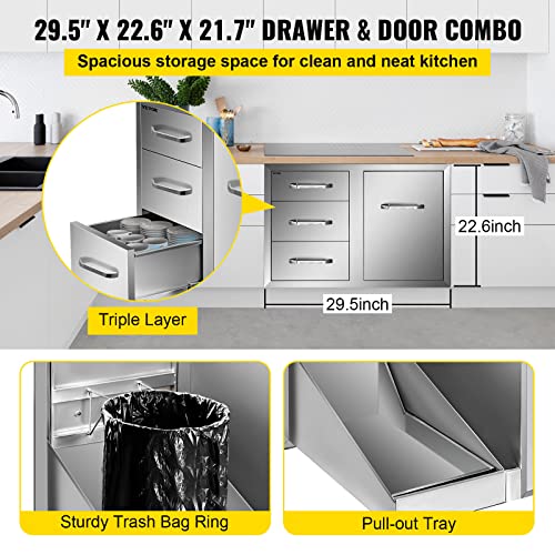 Mophorn Outdoor Kitchen Door Drawer Combo 29.5" W x 22.6" H x 21.7''D, Access Door/Triple Drawers with Propane Drawer and Adjustable Garbage Ring, Perfect for BBQ Island Patio Grill Station