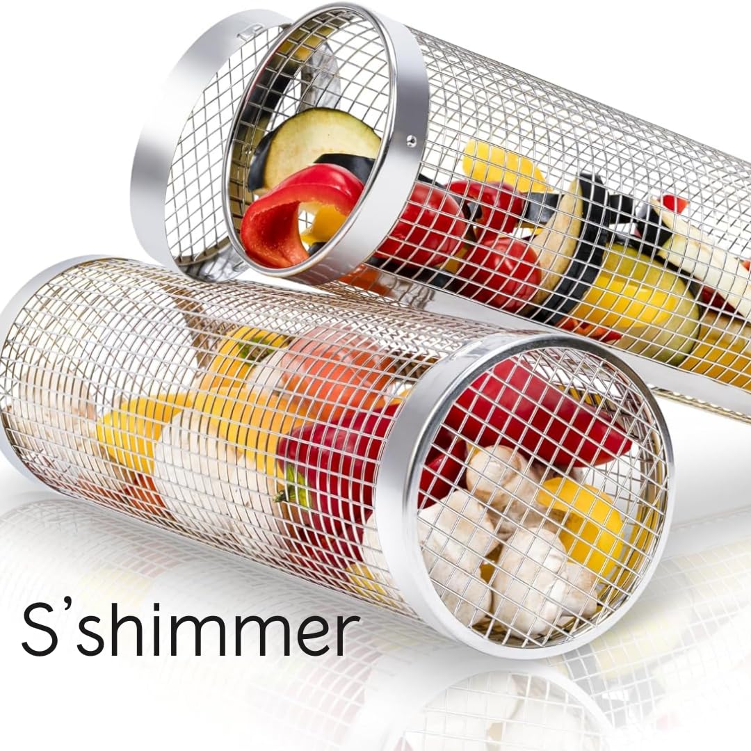 Set of 2 Stainless Steel Rolling Grill Baskets for Outdoor BBQ | Large Mesh Barbecue Cylinder Cages for Vegetables, Fish, and Meats | Camping and Backyard BBQ Accessories | Perfect Gift for Dad, Husband, or Best Friend
