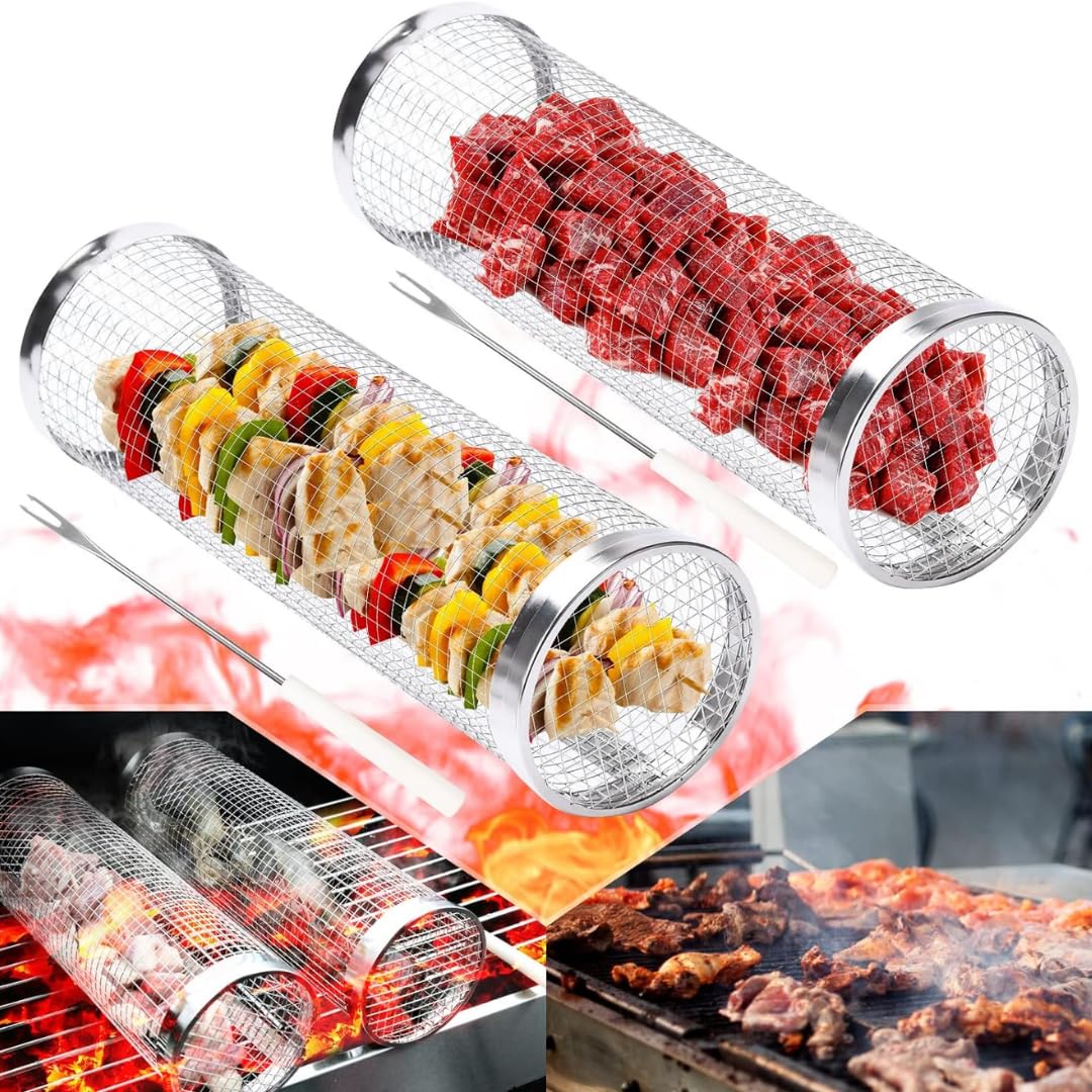 Set of 2 Stainless Steel Rolling Grill Baskets for Outdoor BBQ | Large Mesh Barbecue Cylinder Cages for Vegetables, Fish, and Meats | Camping and Backyard BBQ Accessories | Perfect Gift for Dad, Husband, or Best Friend