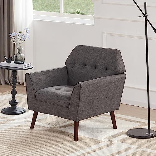 Kingfun Accent Chairs Set of 2 for Bedroom, Midcentury Modern Accent Arm Chair for Living Room, Linen Fabric Comfy Reading Chair, Tufted Comfortable Sofa Chair, Upholstered Single Sofa,Grey
