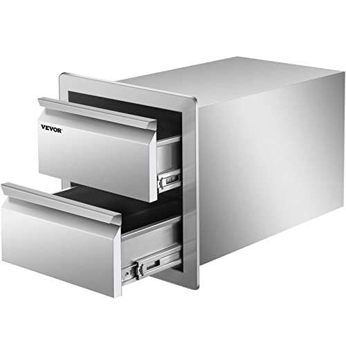 VBENLEM 14W x 14.5H x 23D Inch Flush Mount Stainless Steel Double Drawers with Recessed Handles for Outdoor Kitchens or BBQ Island