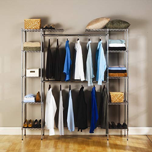 Custom Closet Organizer Shelves System Kit Expandable Clothes Storage Metal Rack,Classics Closet Garment Organizer with Metal Hanging Rod Wardrobe Storage System w/Steel Shelves