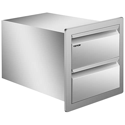 VBENLEM 14W x 14.5H x 23D Inch Flush Mount Stainless Steel Double Drawers with Recessed Handles for Outdoor Kitchens or BBQ Island